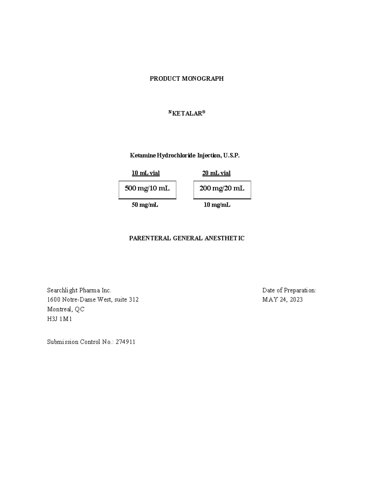 Ketalar PM Product Monograph (ENG) - May 2023 - Studocu