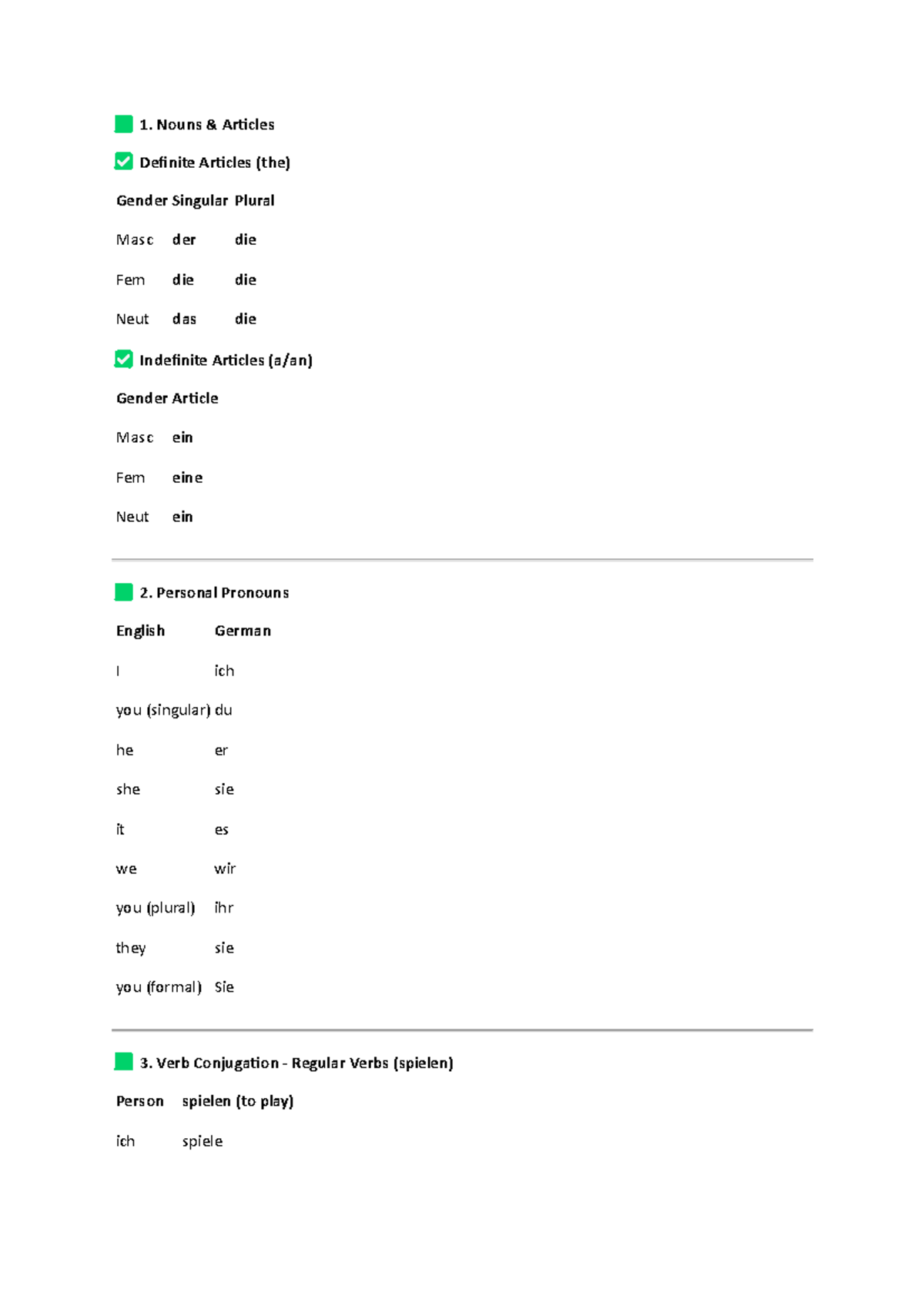 A1 German Grammar Cheat Sheet: Nouns, Pronouns, and Verbs - Studocu