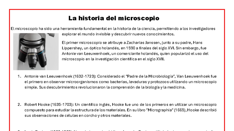 Historia del Microscopio: Evolución y Contribuciones Científicas - Studocu