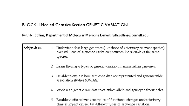 BLOCK II Medical Genetics: Genetic Variation in Veterinary Medicine ...