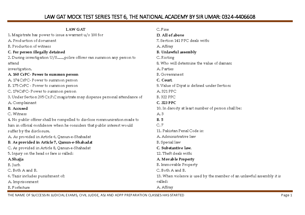 LAW GAT MOCK TEST SERIES TEST 6 SOLVED - THE NATIONAL ACADEMY SIR UMAR ...