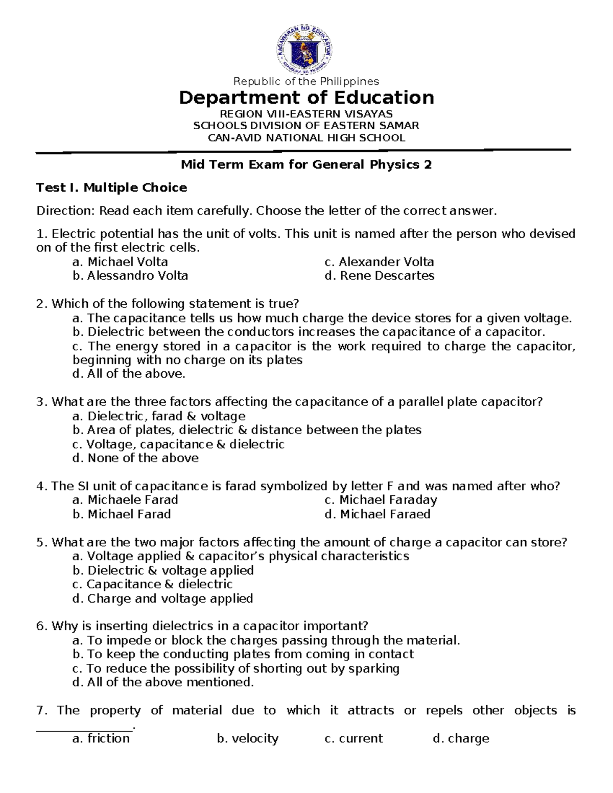 GEN Physics 2 Midterm Exam: Electric Potential & Capacitance - Studocu