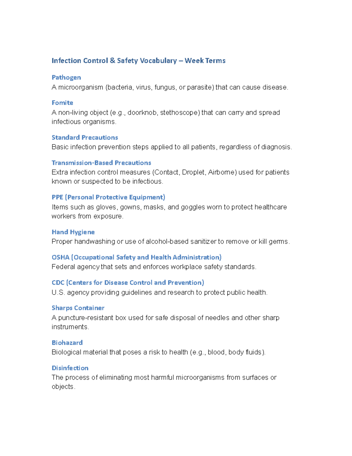 Infection Control & Safety Vocabulary Terms - Week Overview - Studocu