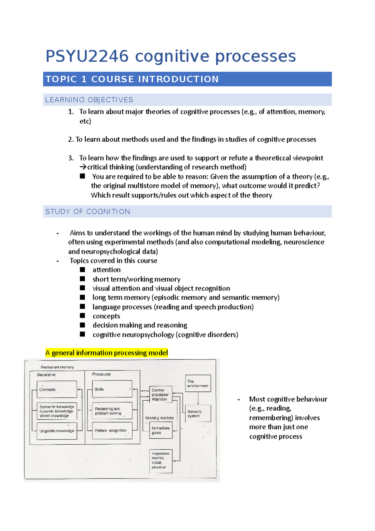 Cognitive Processes Lecture Notes Psyu2246 Cognitive Processes Topic