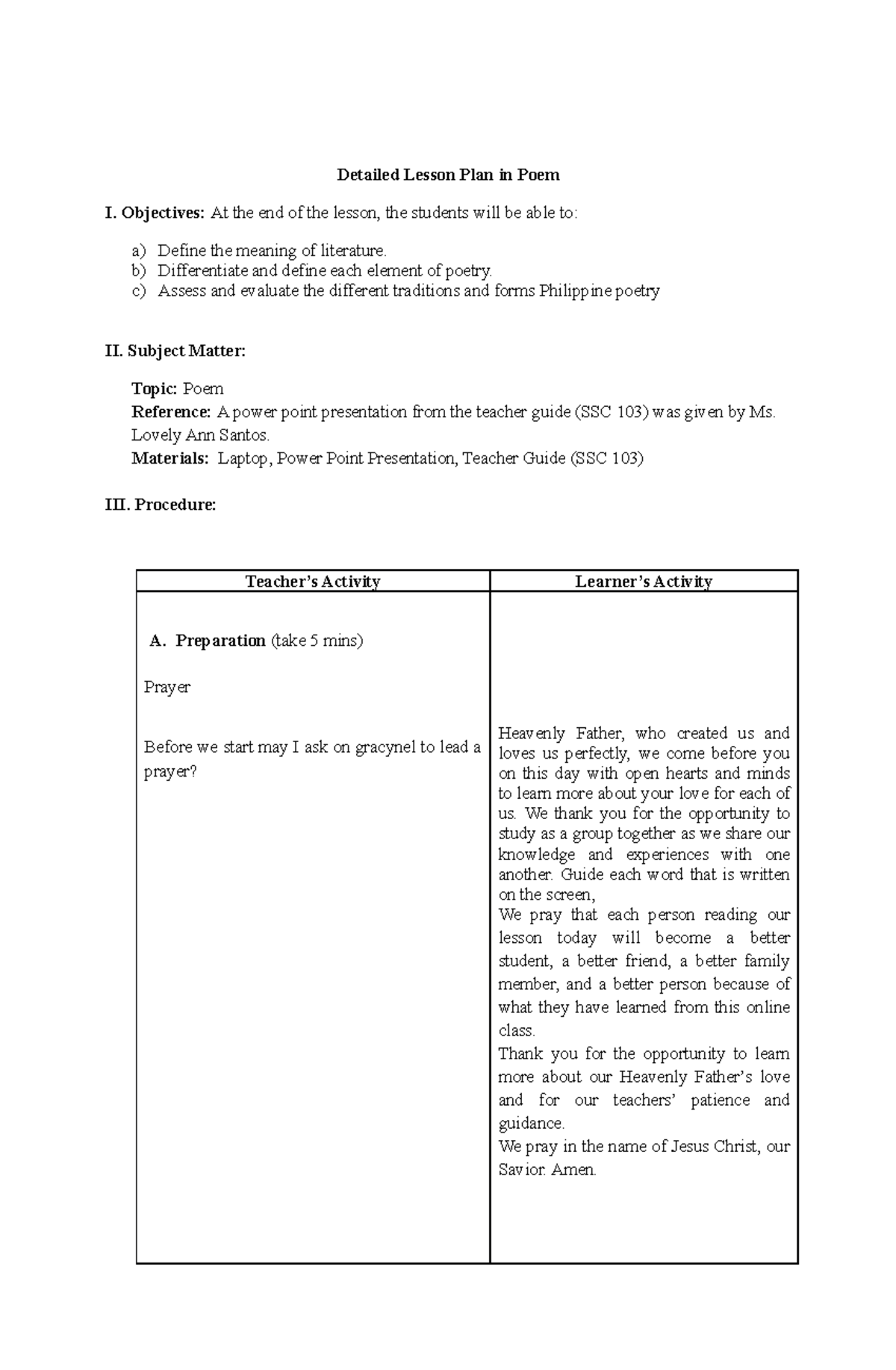 Detailed Lesson Plan POEM IN EDUCATION - Detailed Lesson Plan in Poem I ...