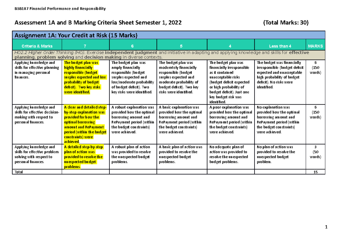 BSB107 Assessment 1A & 1B Marking Criteria Overview - Studocu