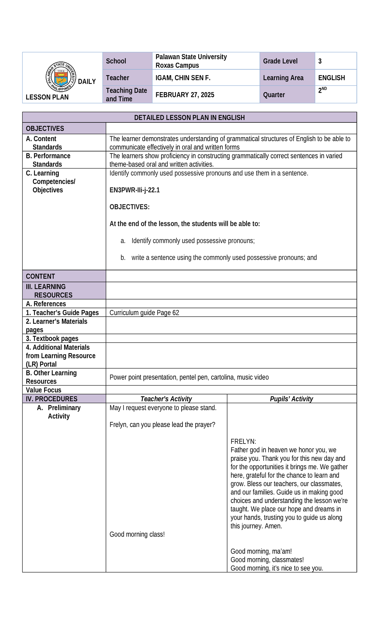 Detailed Lesson Plan in English for Grade 3 DLP 1st Sem - Studocu