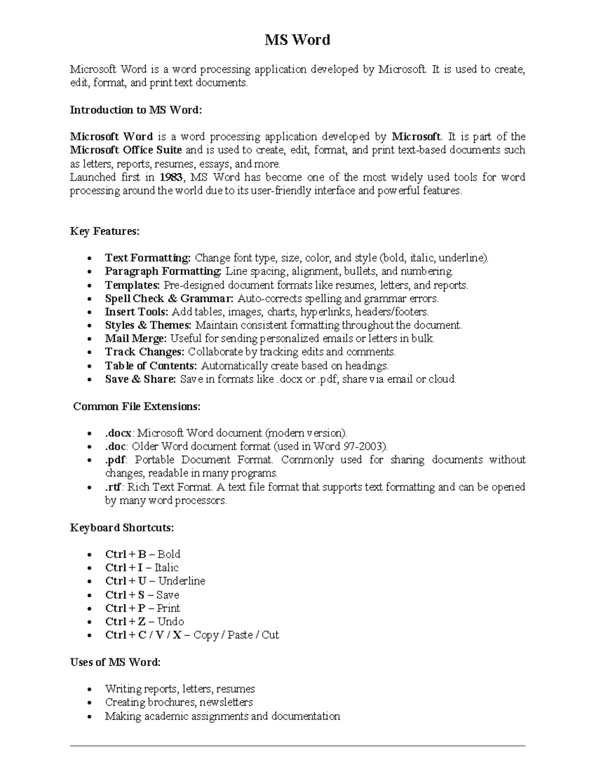 MS Word - Comprehensive Notes on Microsoft Word Features - Studocu