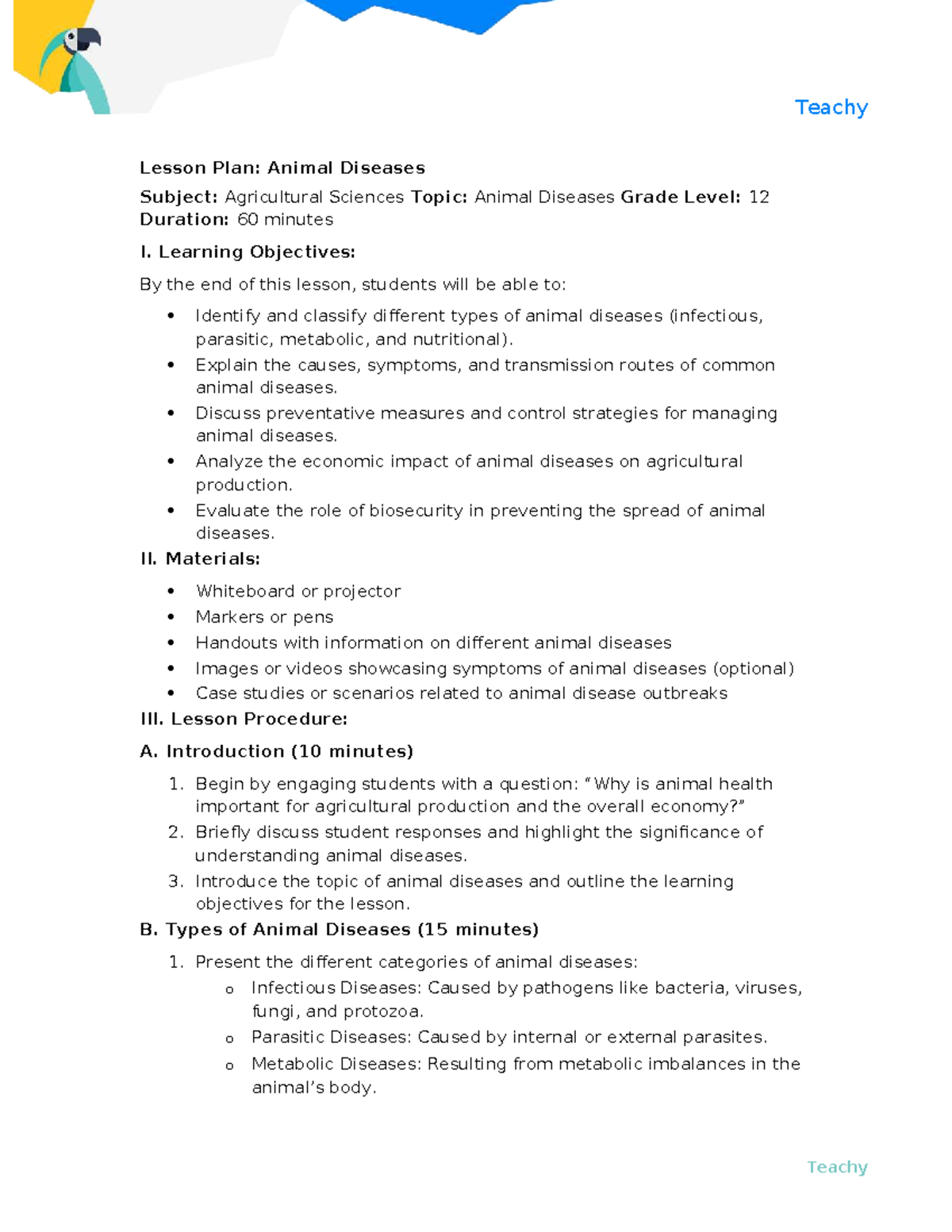 Lesson Plan: Understanding Animal Diseases in Ag Sci (Grade 12) - Studocu