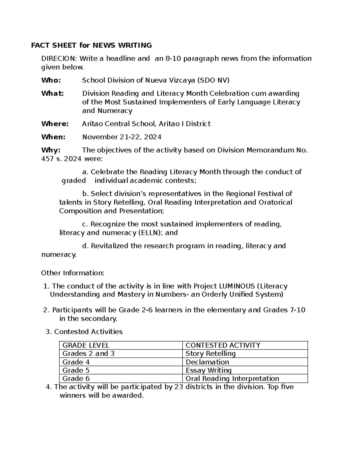 FACT Sheet for SDO NV Reading & Literacy Month Celebration - Studocu