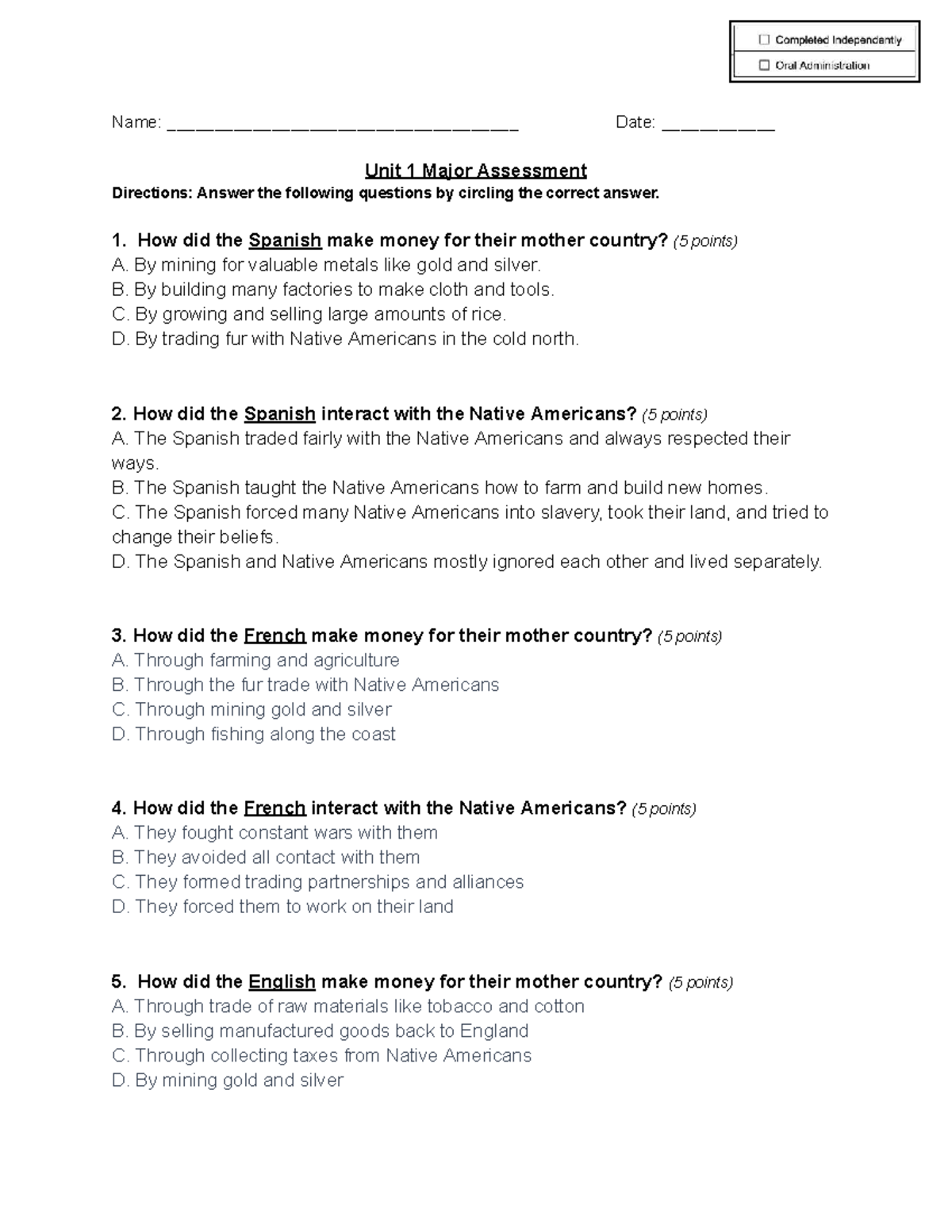 Unit 1 Major Assessment: Colonial Economy & Native American ...