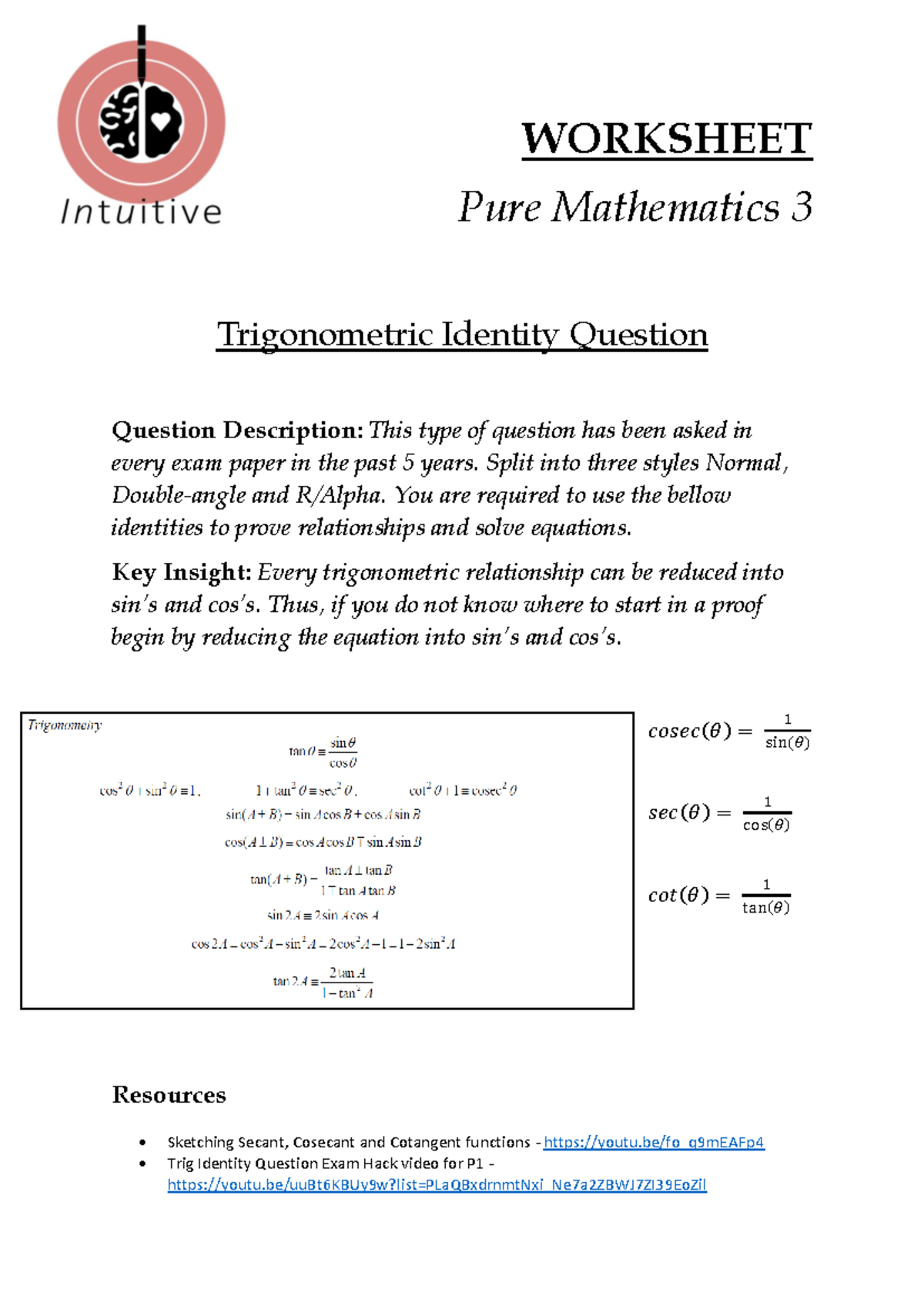 Worksheet - P3 - Identity Question - WORKSHEET Pure Mathematics 3 ...
