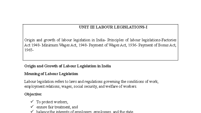 Unit 3 - Easy study material - UNIT III LABOUR LEGISLATIONS-I Origin ...