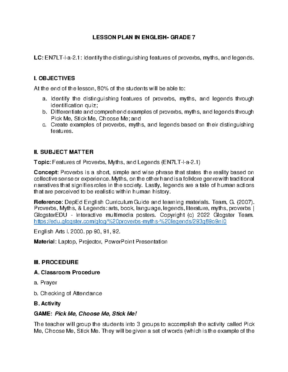 Lesson Plan for English 7: Exploring Proverbs, Myths, and Legends - Studocu