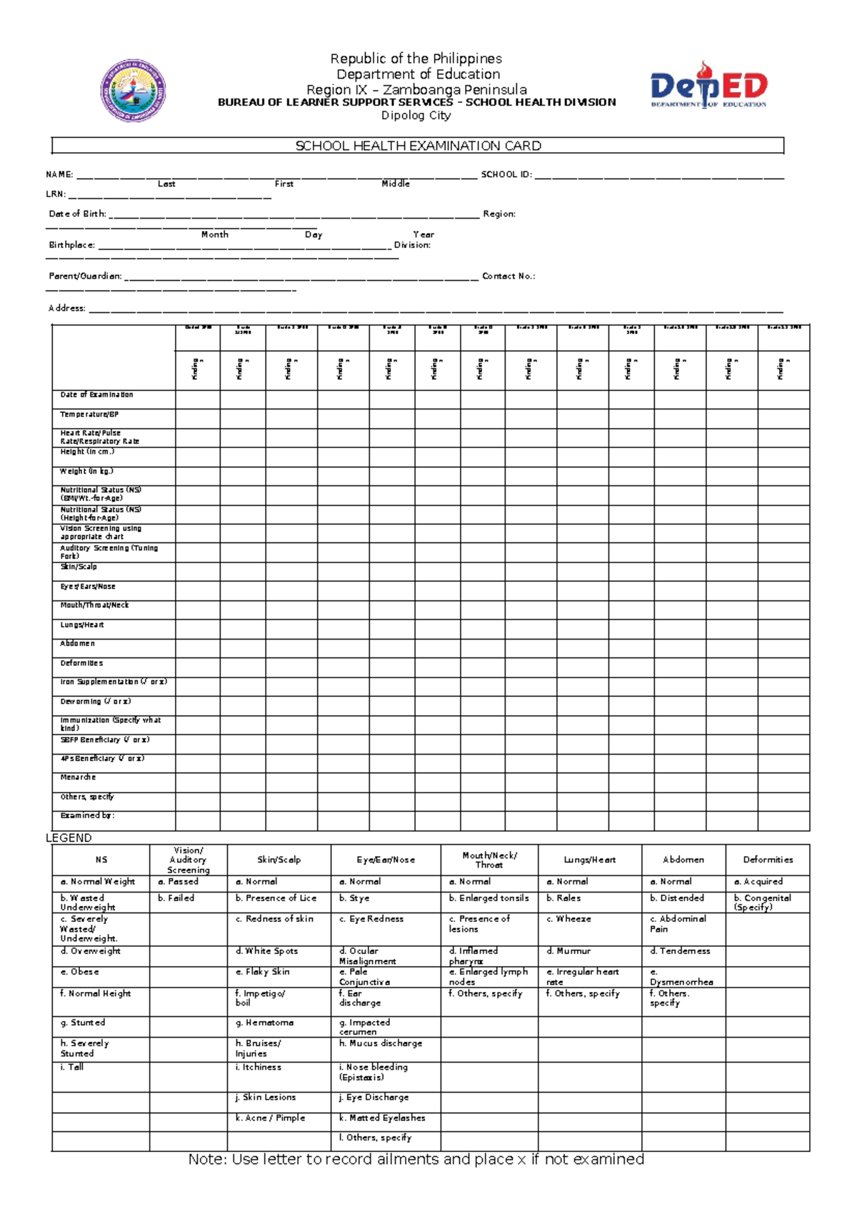 Health Card Template - DepEd Region IX Form - Studocu