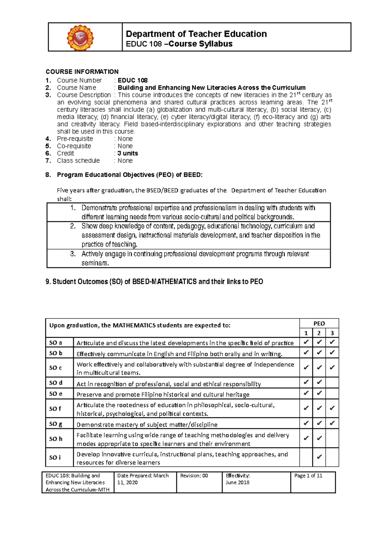 EDUC 108: Comprehensive Syllabus on New Literacies in Curriculum - Studocu