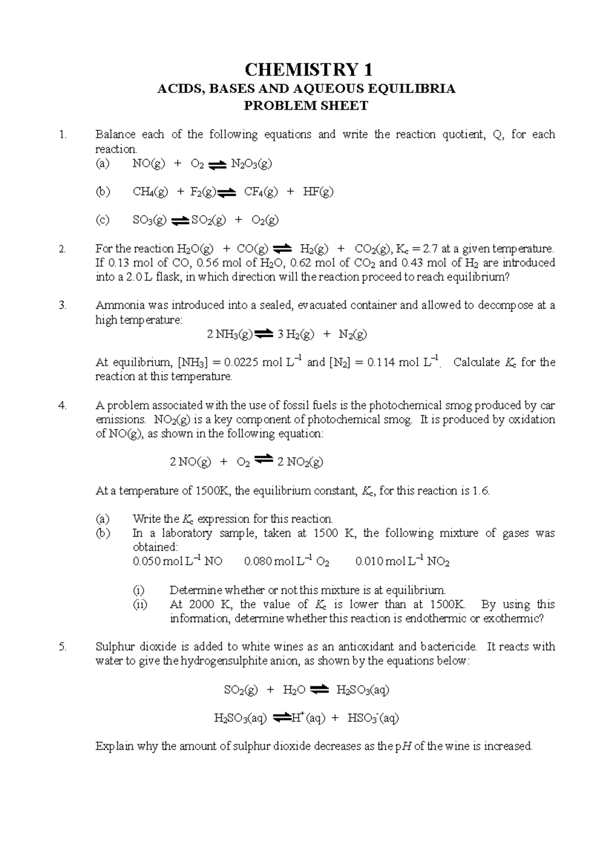 CHEMISTRY 1 ACIDS, BASES & AQUEOUS EQUILIBRIA TUTORIAL SHEET - Studocu