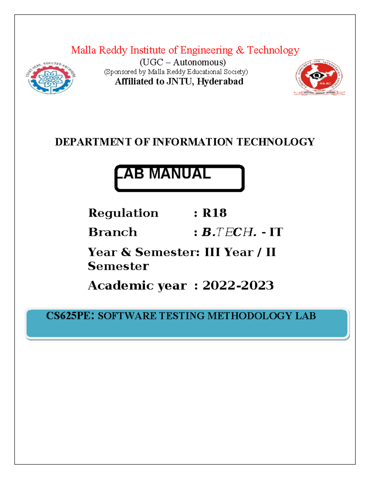 Stmlab Hod sir - Lab manual - LAB MANUAL CS625PE: SOFTWARE TESTING ...