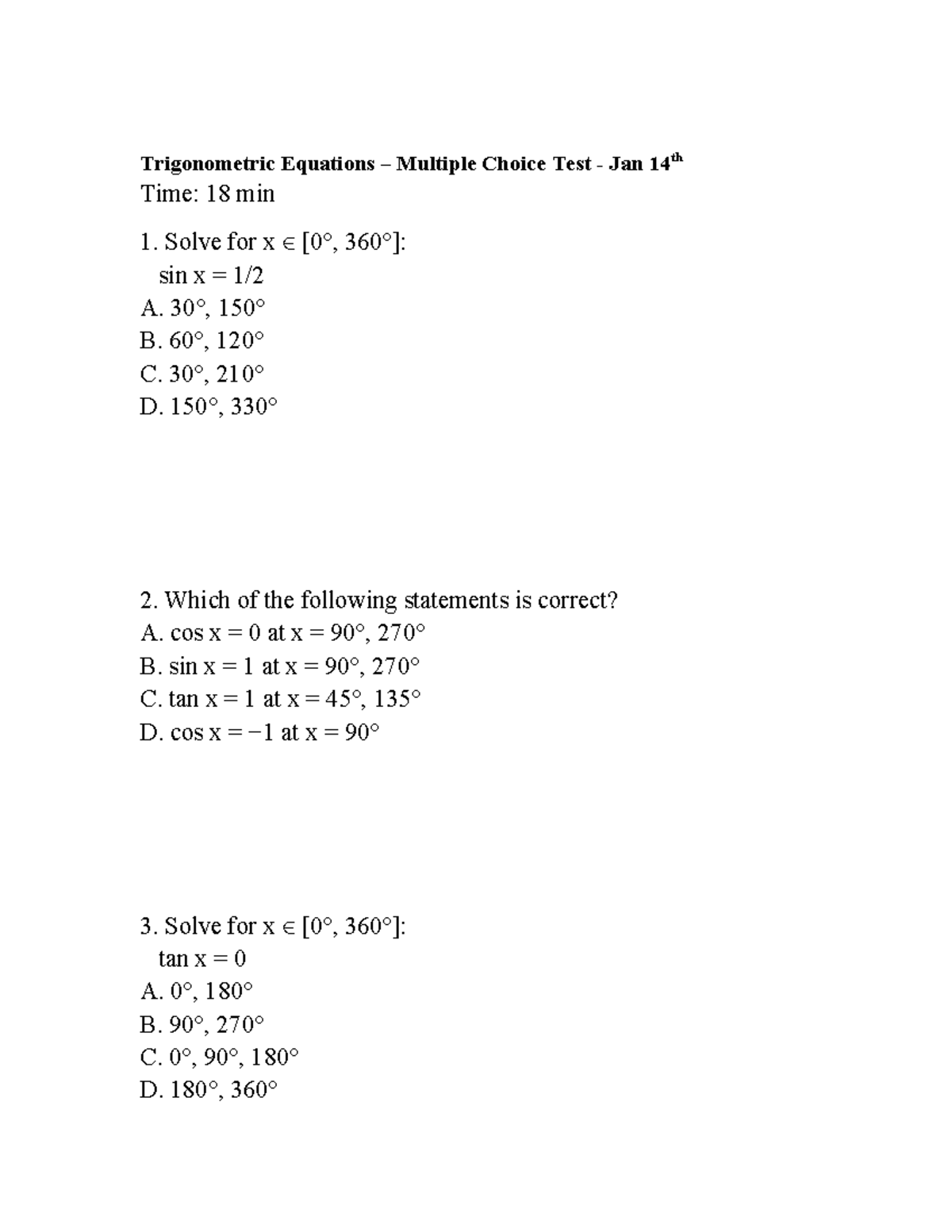 HSC Trigonometric Equations MC Test - Jan 14th - Studocu