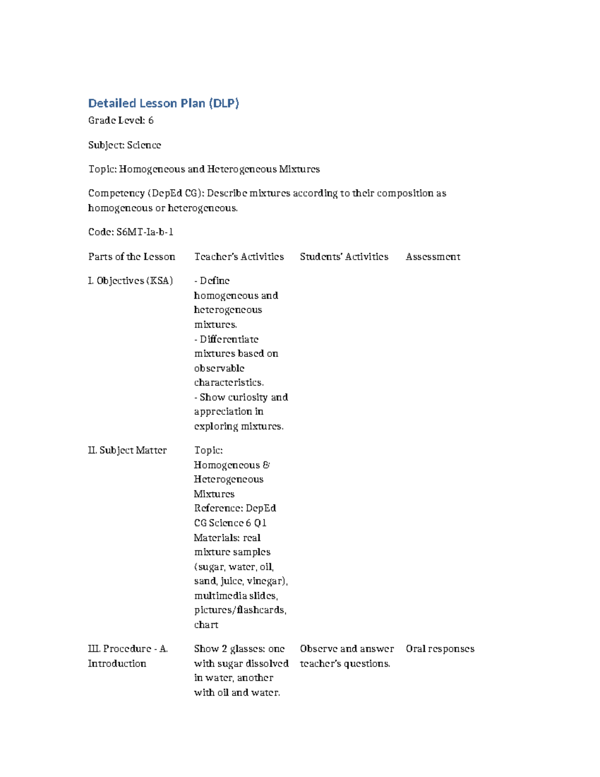 Detailed Lesson Plan (DLP) for Grade 6 Science: Mixtures - Studocu