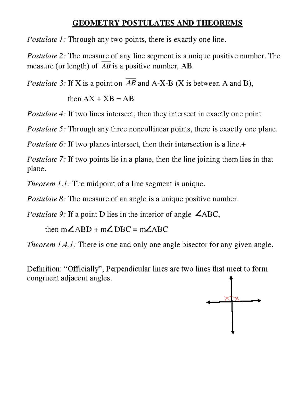 Postulatesand Theorems - GEOMETRY POSTULATES AND THEOREMS Postulate 1 ...