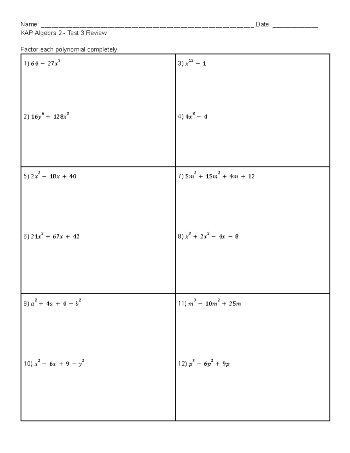 KAP Alg2 Test 3 Review - alge - Name