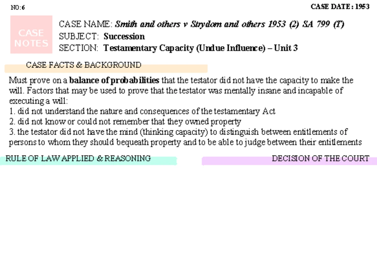 Casey v The Master Case Summary - HELD: Casey could not inherit from ...