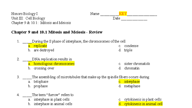 KEY- Honors Biology Unit Cell Review: Mitosis & Meiosis (Ch 9 & 10.1 ...