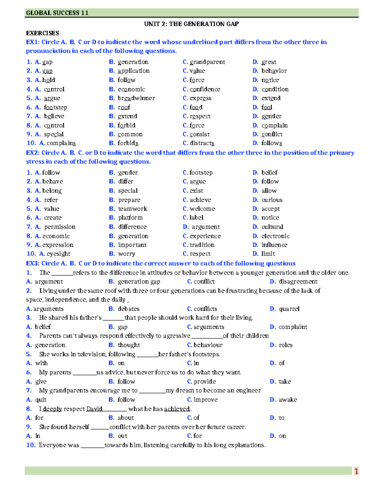 UNIT 2: THE GENERATION GAP EXERCISES AND ANSWERS - GLOBAL SUCCESS 11 ...