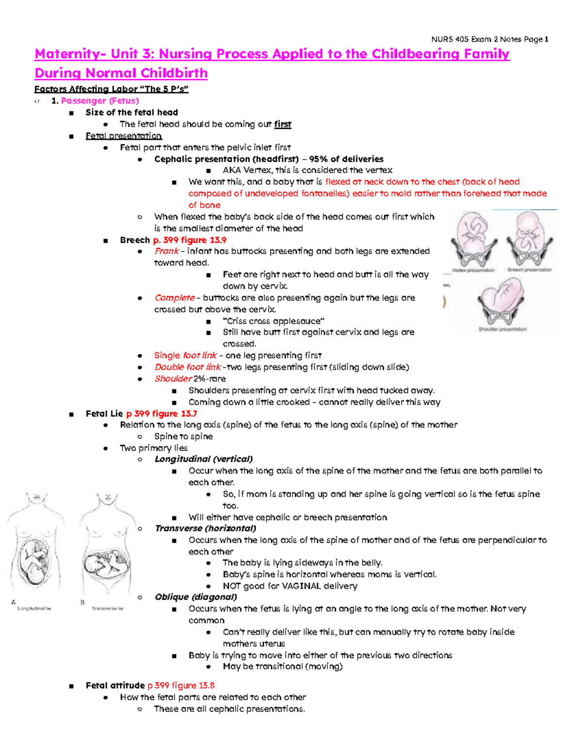 NURS 405 Exam 2 Notes: Nursing Process in Normal Childbirth - Studocu