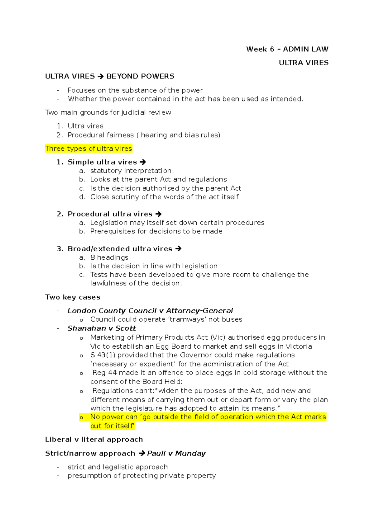 Week 6 - Admin Law: Ultra Vires & Judicial Review Notes - Studocu