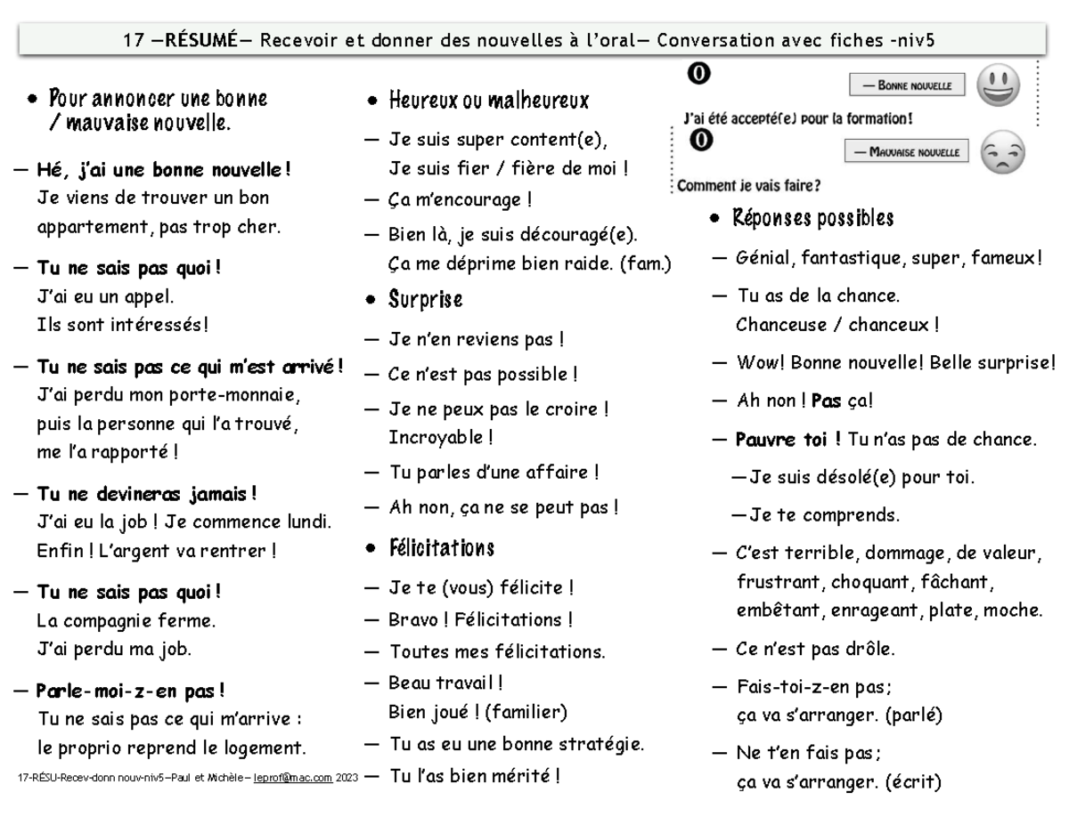 17 RÉS Nouvelles et Réactions - Exercice de Conversation Niveau 5 - Studocu