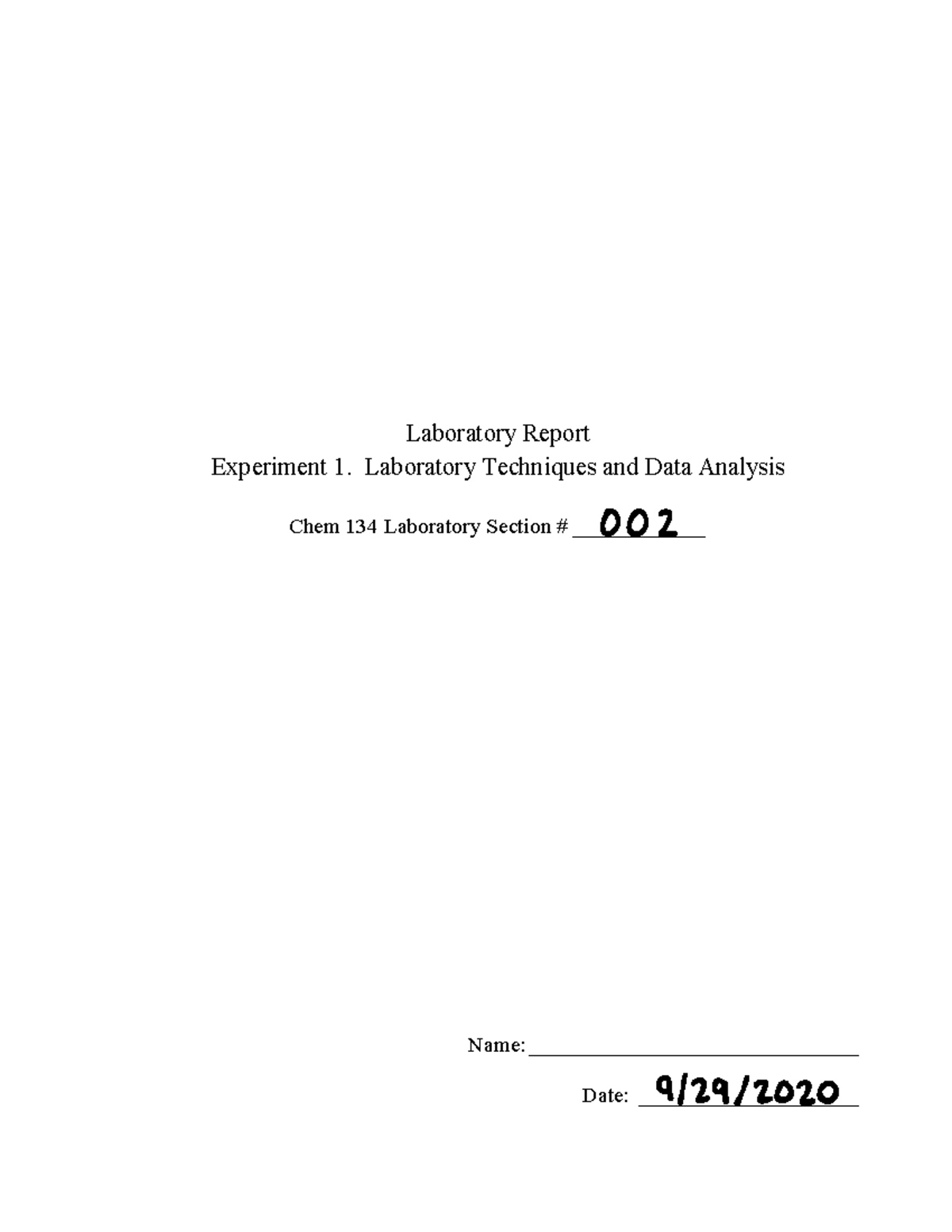 Lab Experiment 1- Laboratory Techniques - Data Analysis - Laboratory Report Experiment 1 ...