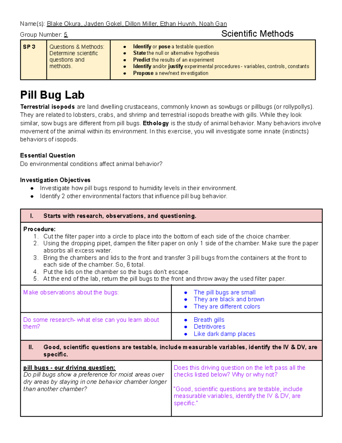 SP 3 Pill Bug Lab: Investigating Environmental Effects on Behavior ...