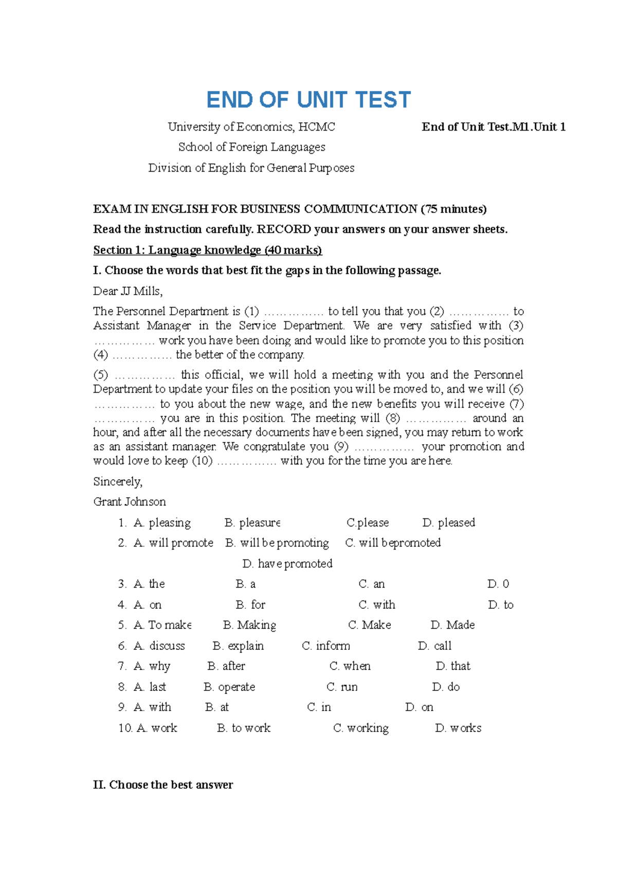 All test 1-5 - toolong - END OF UNIT TEST University of Economics, HCMC ...