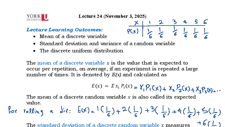 Lecture 24: Learning Outcomes on Discrete Variables & Uniform ...
