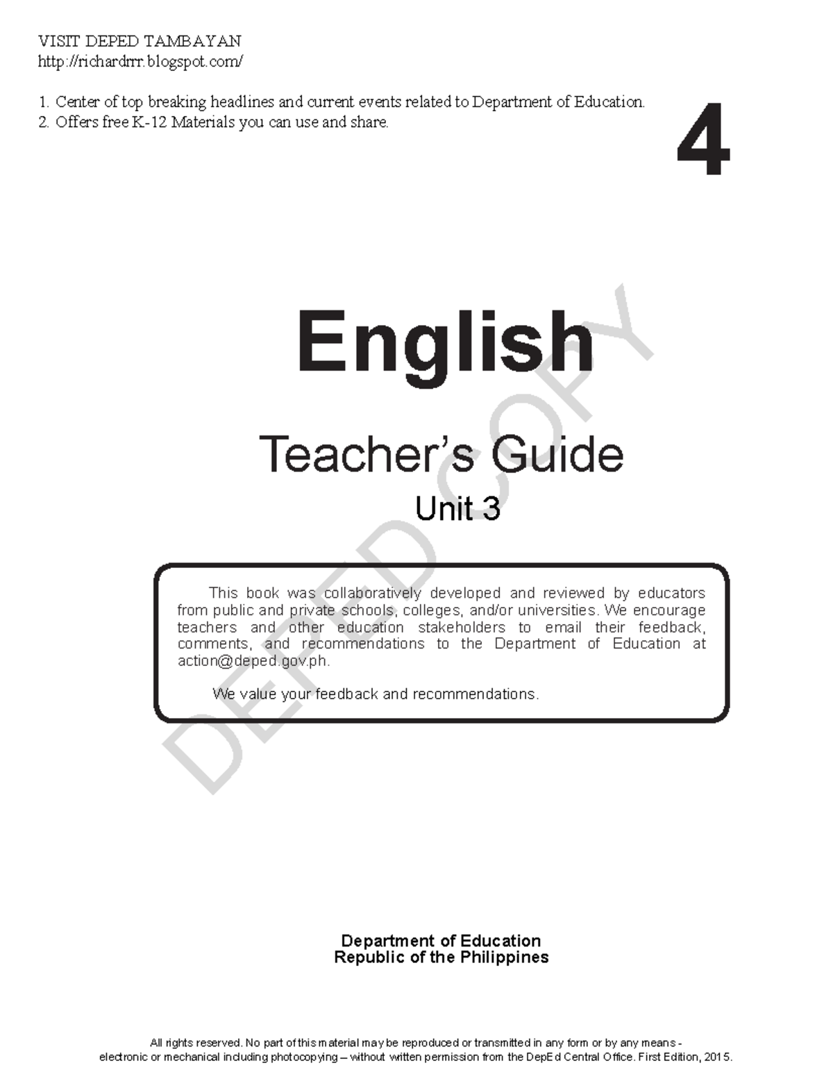 ENG4 TG U3 - english module - DEPED COPY i 4 English Teacher’s Guide ...