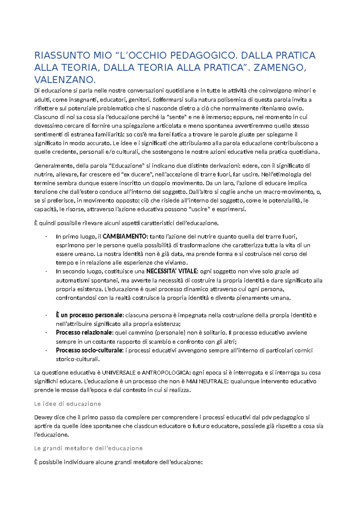 Riassunto mio Occhio Pedagogico - RIASSUNTO MIO “L’OCCHIO PEDAGOGICO ...