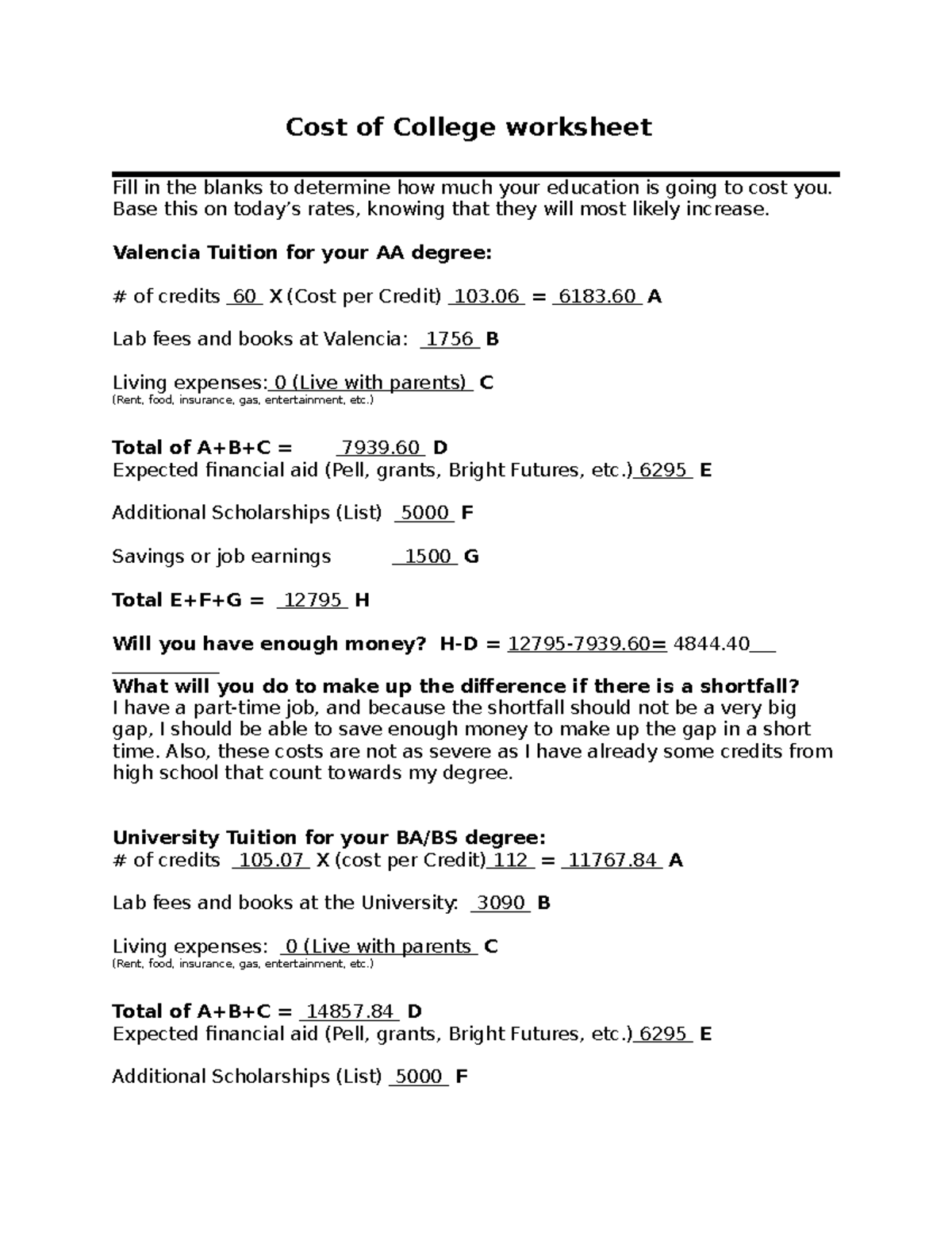 Cost of College worksheet - Base this on today’s rates, knowing that ...