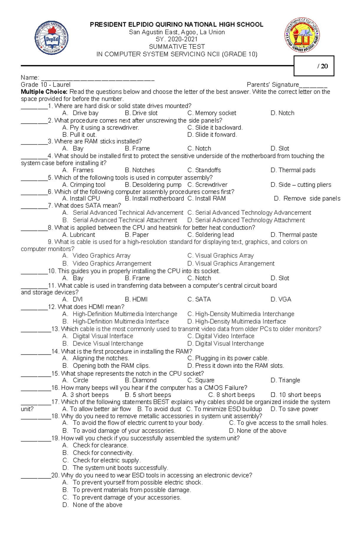 Grade 10 Computer Programming ST3 - Summative Test Questions and ...