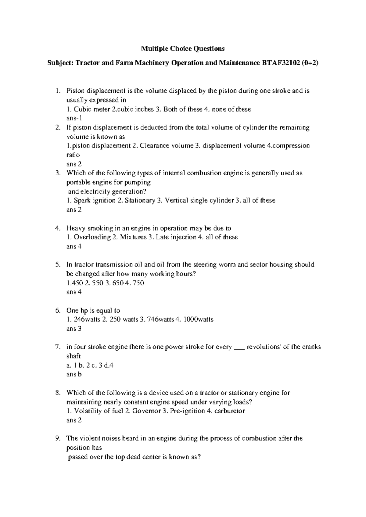 Multiple-choice-questions - Multiple Choice Questions Subject: Tractor ...