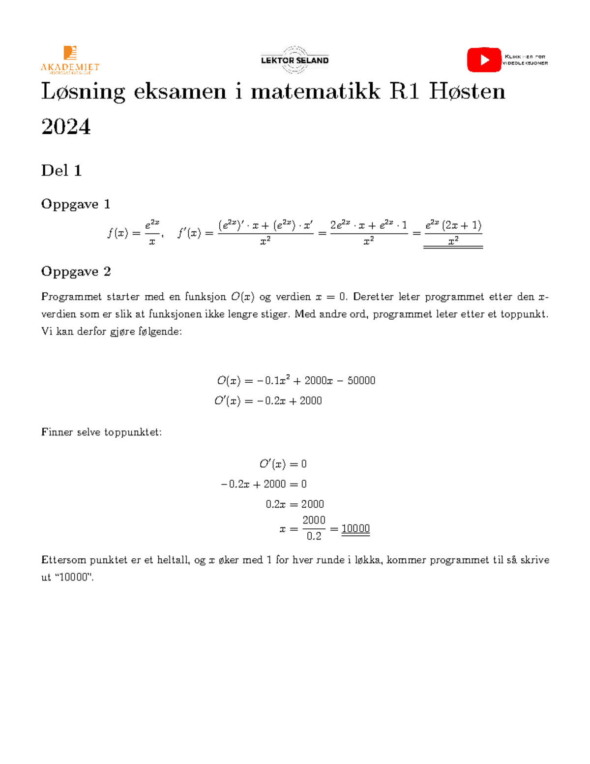R1 H24 Løsning på eksamen i matematikk - Høst 2024 - Studocu