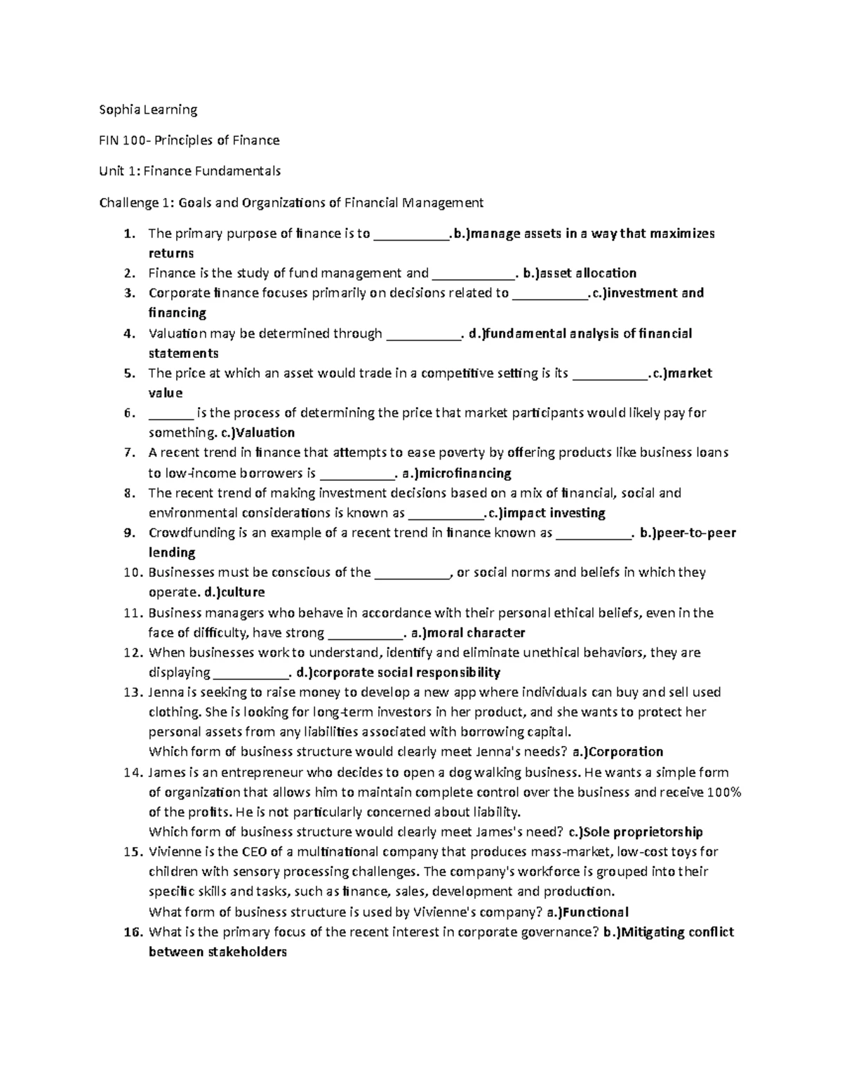 Principle of Finance Unit 1 Challenge Questions - Sophia Learning FIN ...