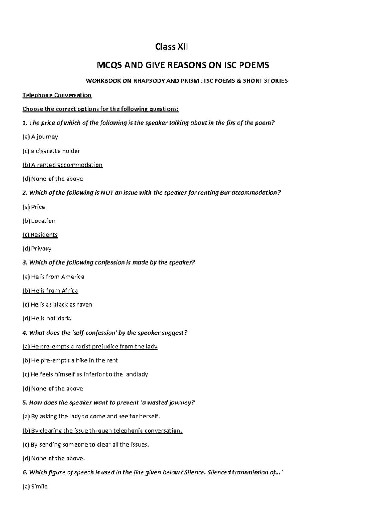 MCQs and Explanations on ISC Poems: Rhapsody, Prism, and More - Studocu