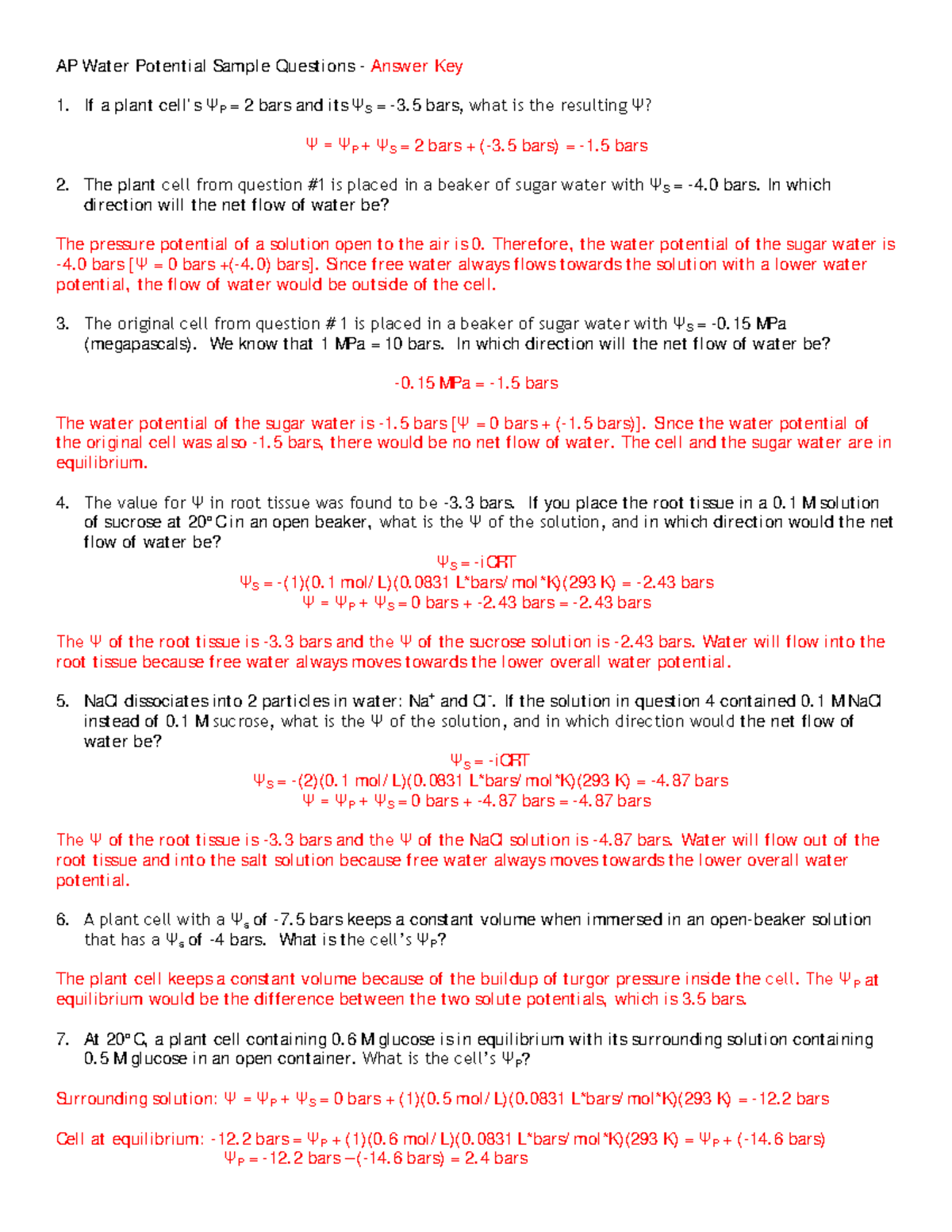 AP Water Potential Sample Questions - Answer Key - Studocu