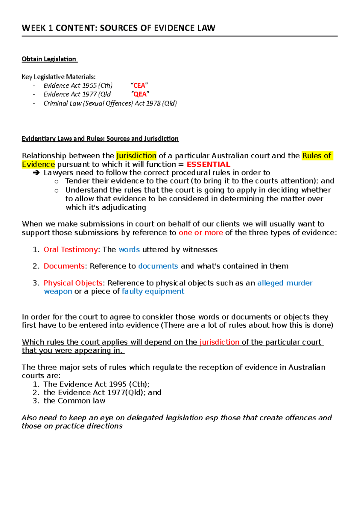 WEEK 1 NOTES: SOURCES OF LAW EVIDENCE (Evidence Law 101) - Studocu