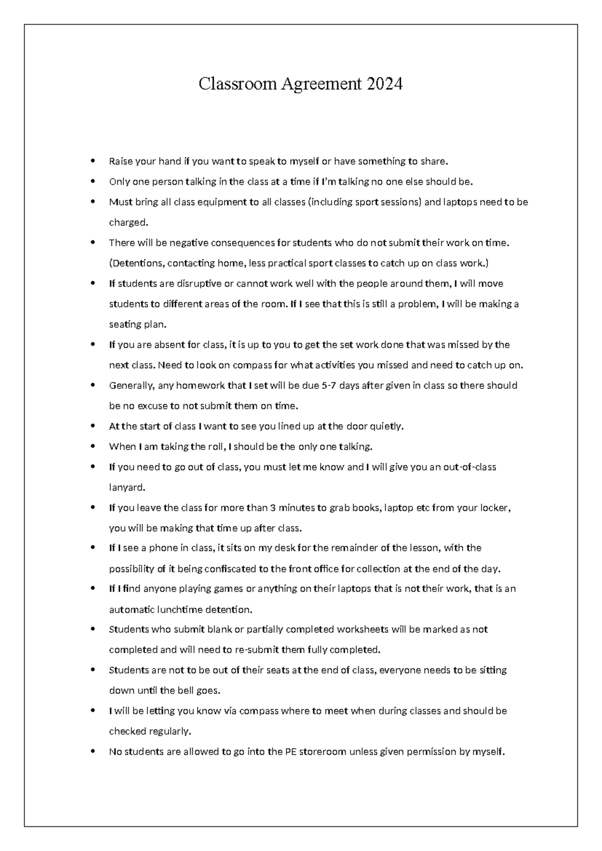 Classroom Agreement 2024: Rules and Expectations for Students - Studocu