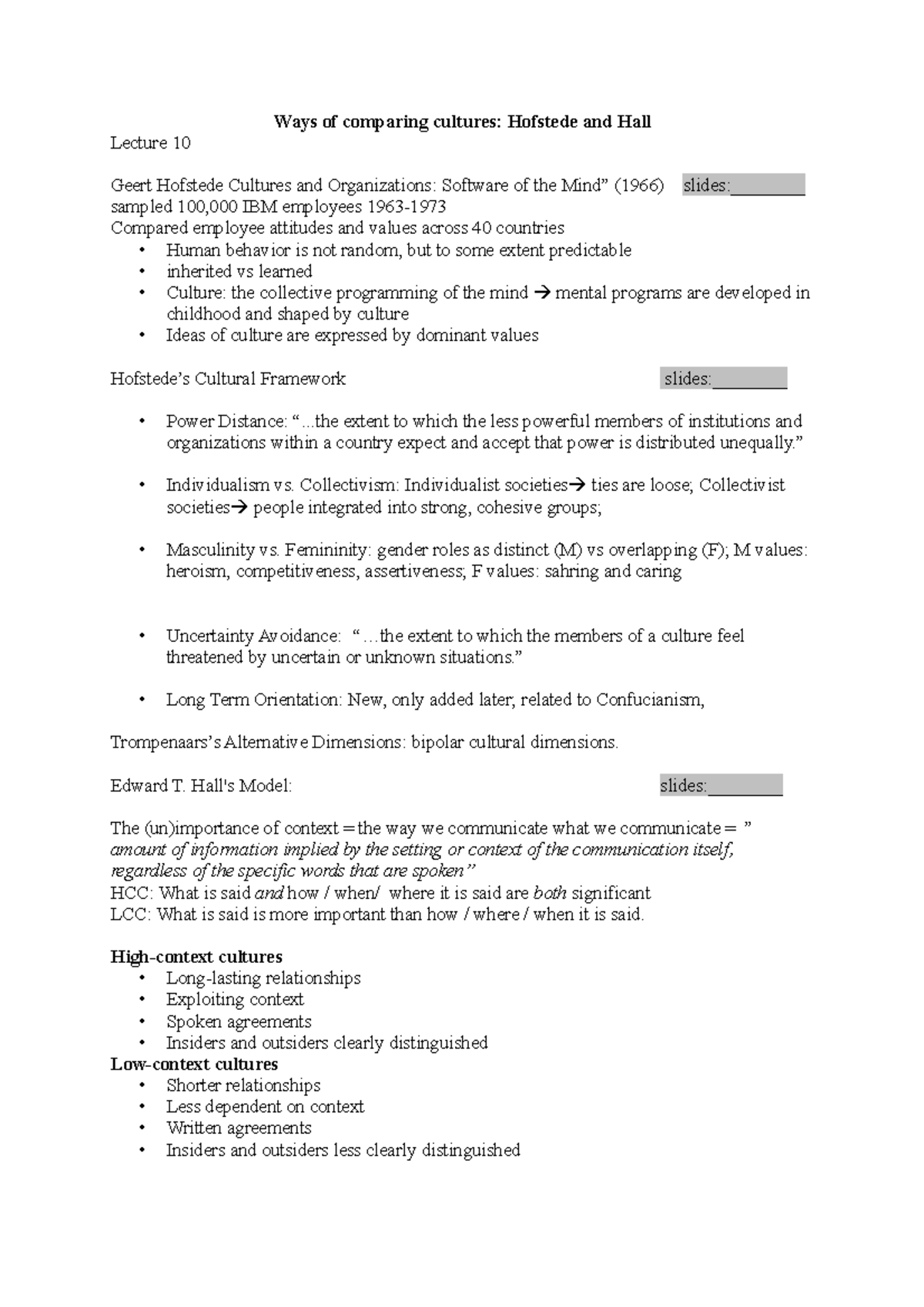 Notes Lecture 10 Ways of comparing cultures - Ways of comparing ...