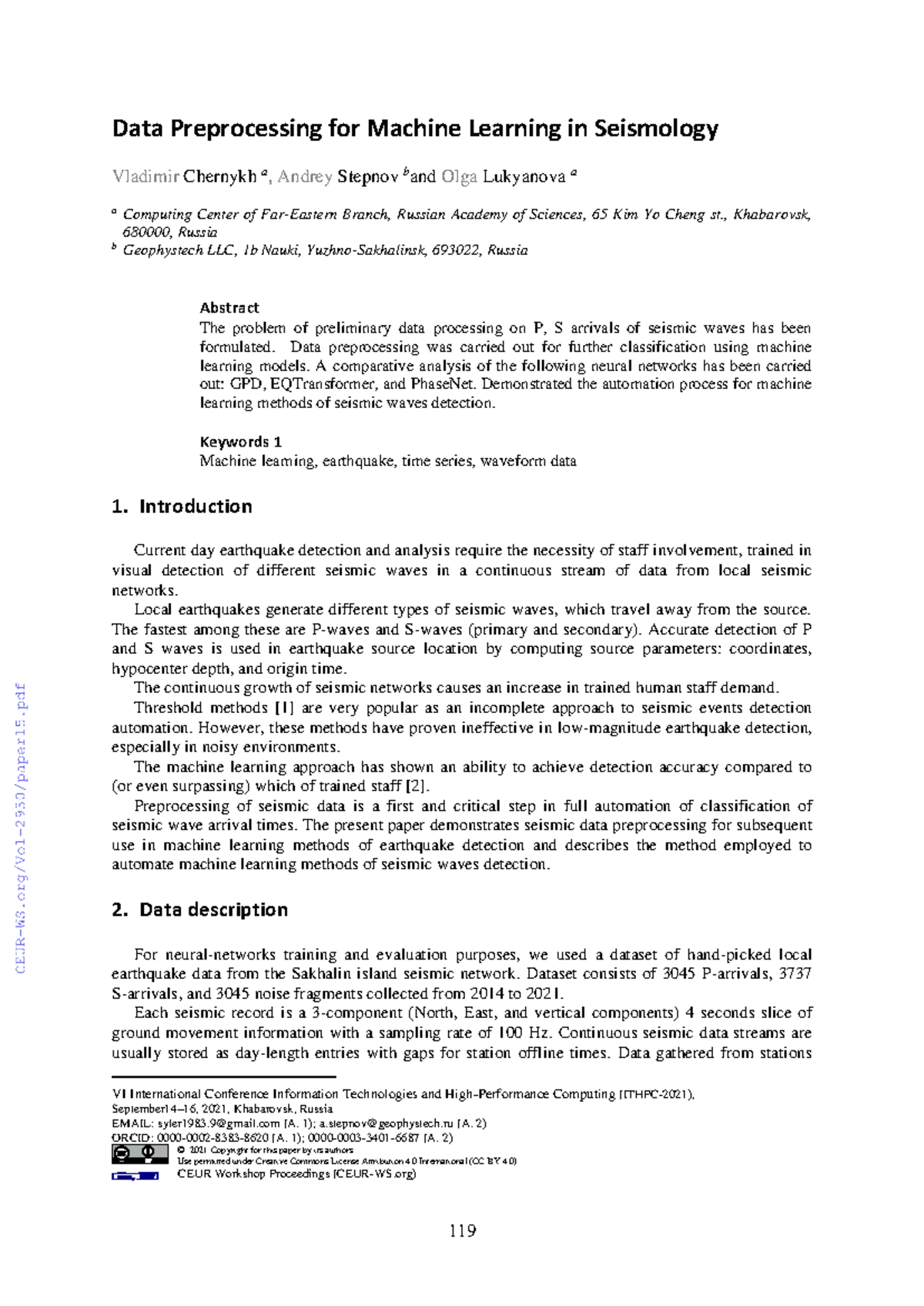 Data Preprocessing for Machine Learning in Seismology - , Khabarovsk ...