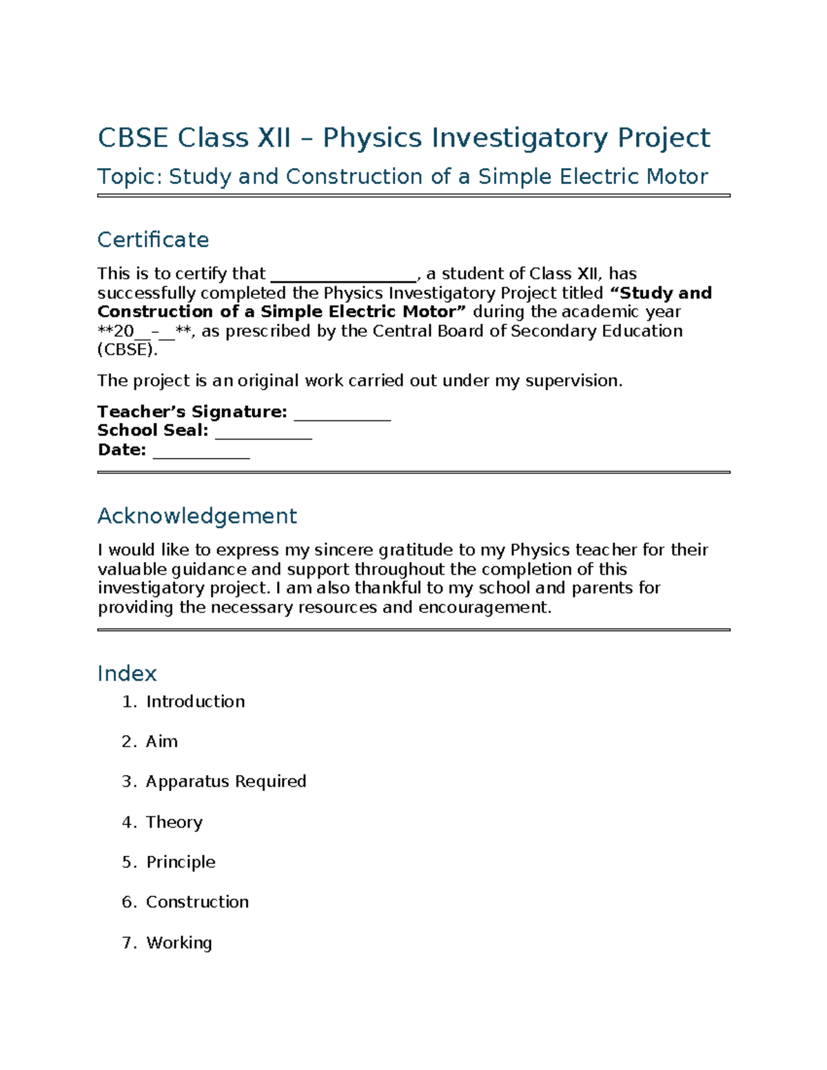 CBSE Class XII Physics Investigatory Project: Simple Electric Motor ...
